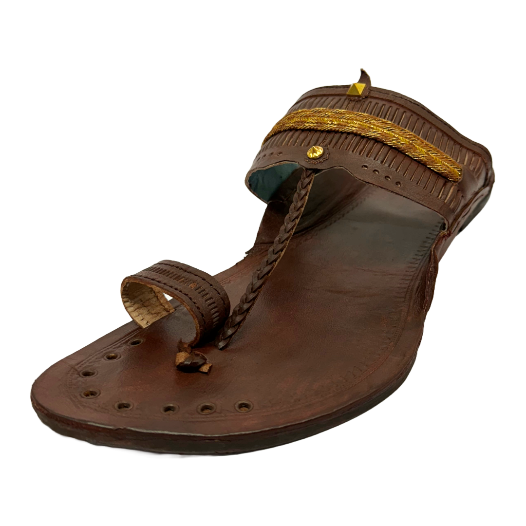 Golden Laced Brown Jari Kolhapuri Chappal for Men - The Select U