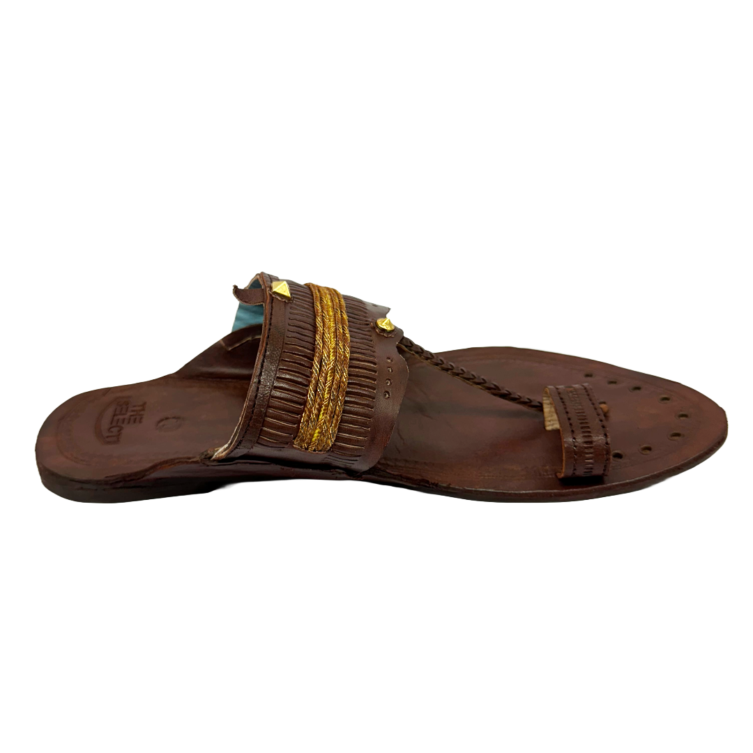 Golden Laced Brown Jari Kolhapuri Chappal for Men - The Select U