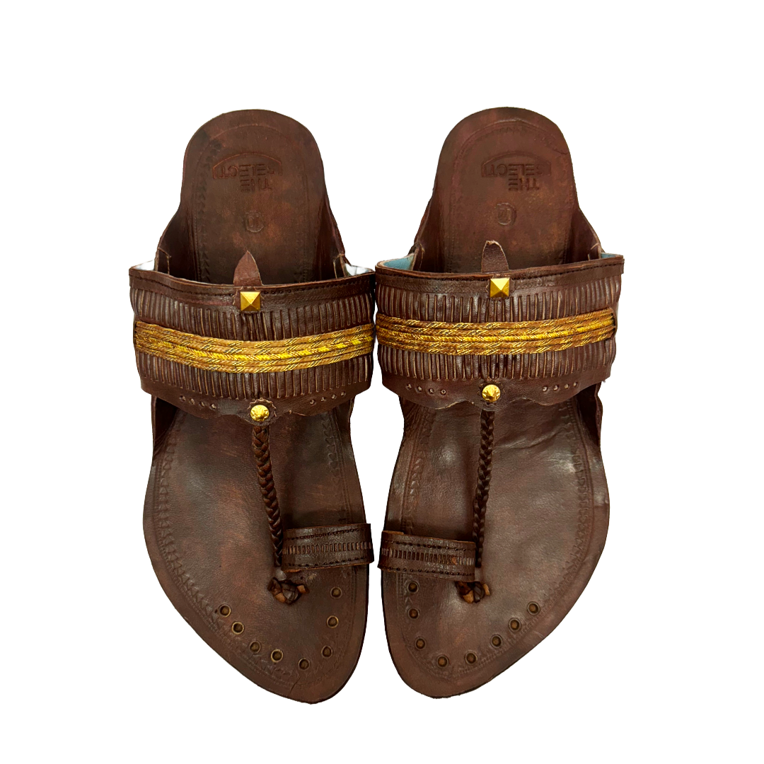 Golden Laced Brown Jari Kolhapuri Chappal for Men - The Select U