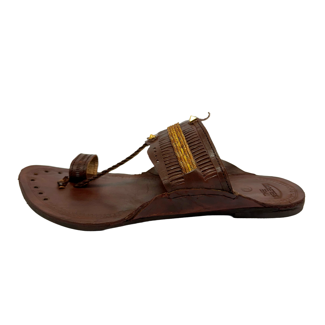 Golden Laced Brown Jari Kolhapuri Chappal for Men - The Select U